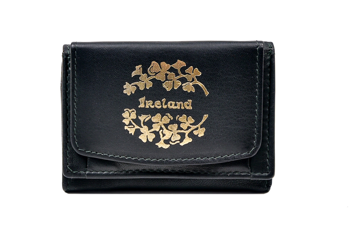 Luxurious Irish Leather Tri Fold Wallet - Ireland with Shamrocks & Gol ...